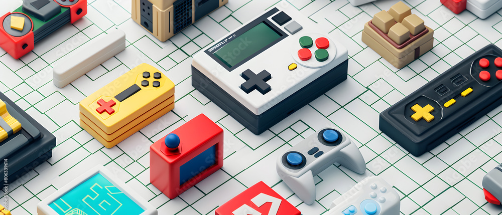 An array of colorful game controllers and consoles, blending retro ...