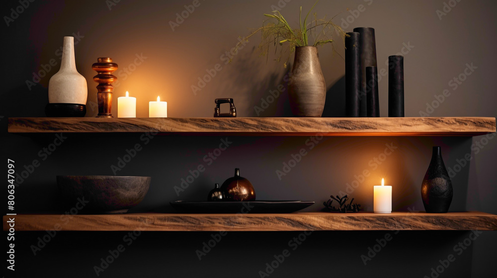 Step into a chic living space with a wood floating shelf as the ...