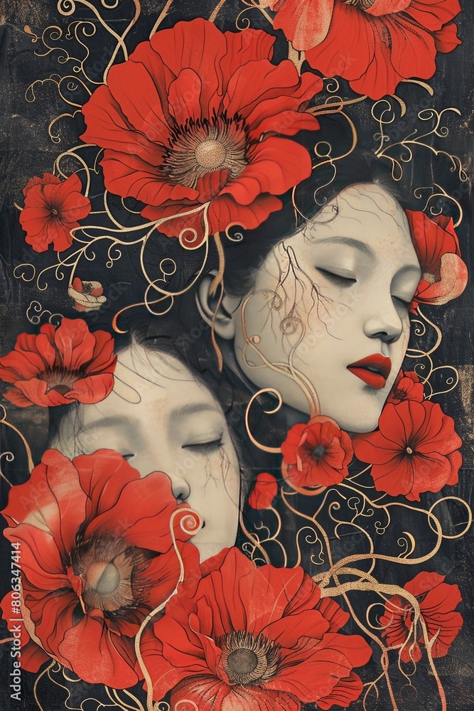 Art Nouveaustyle wallpaper with stylized flowers and sinuous lines that ...