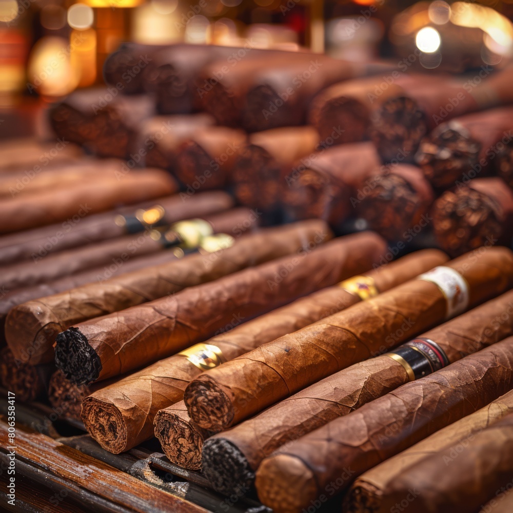 A close-up of a variety of cigars in a luxurious cigar lounge, detailed ...