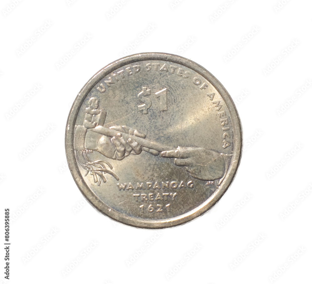 2011 Sacagawea Dollar Coin WAMPANOAG TREATY 1621 carrying her young son ...