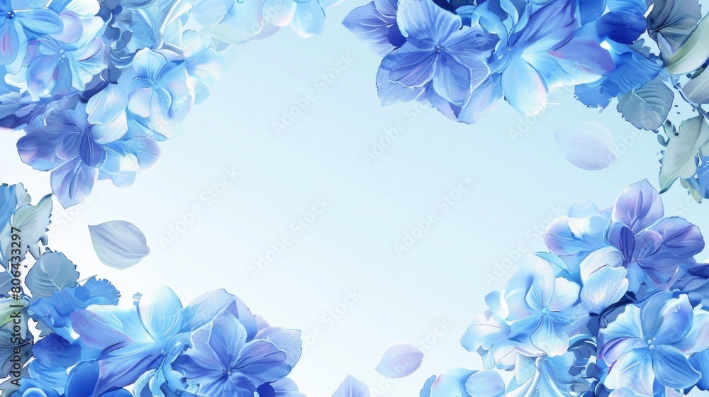 watercolor blue hydrangea border frame, sky background, white space in ...