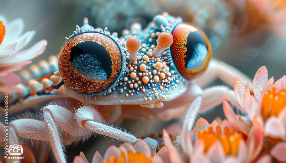 Imagine a surreal scene where tiny robotic creatures roam a colorful ...