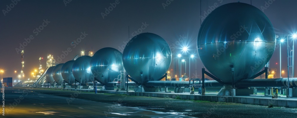 Gas storage tanks and pipes in a chemical industrial plant illuminated ...