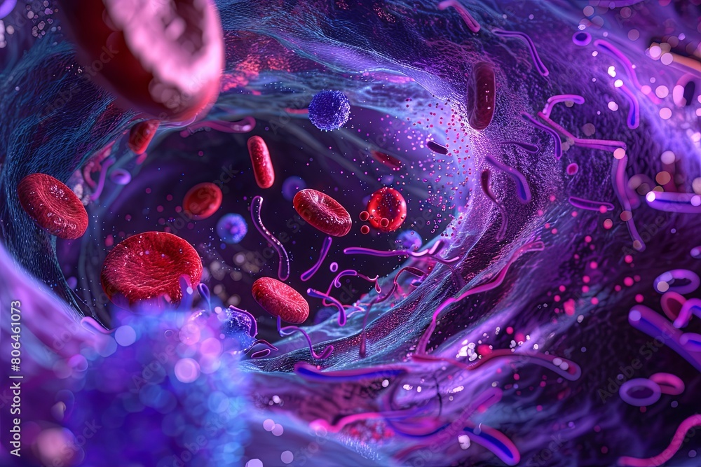 Red and blue blood cells flowing through a vein in this detailed ...
