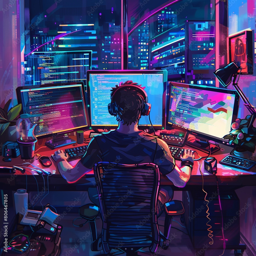 Dedicated software developer coding into the late hours, fueled by caffeine, surrounded by ...