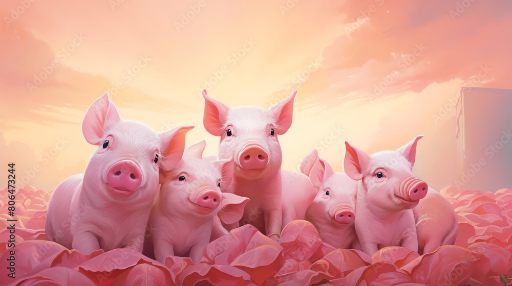 A group of five happy cartoon pigs sitting in a field of flowers. The ...