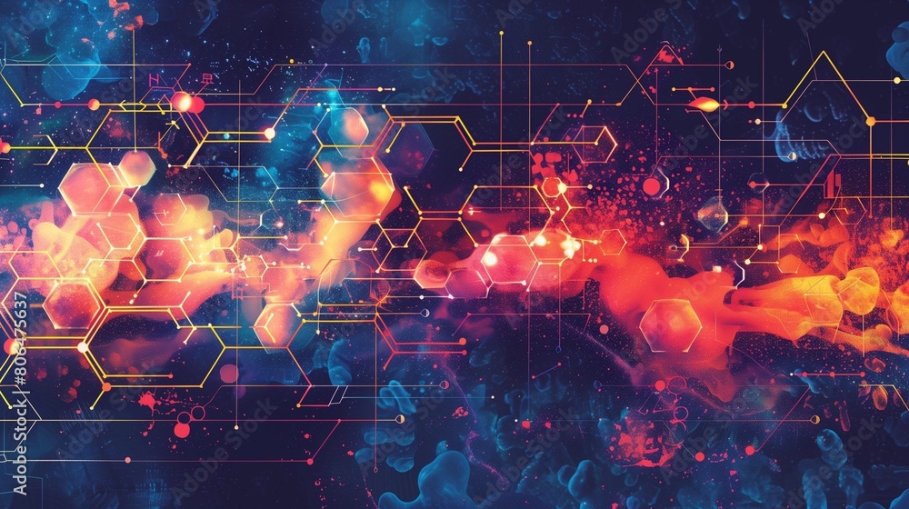 An abstract depiction of chemical reactions occurring at the molecular ...