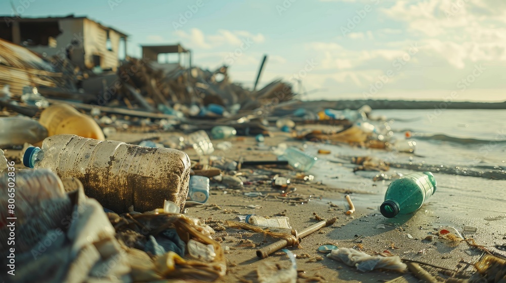 Impactful scene of diverse and weathered plastic waste corrupting sandy ...
