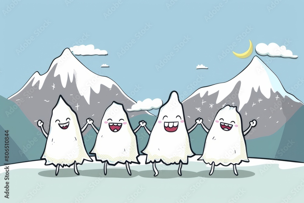 Cartoon cute doodles of a mountain range holding hands and doing a ...