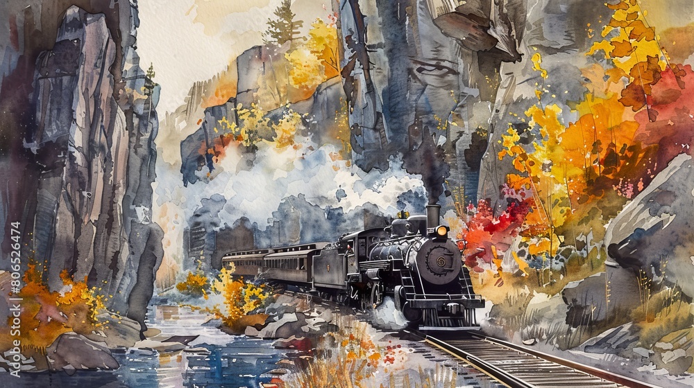 Watercolor of a steam train chugging through a snowy landscape, white ...