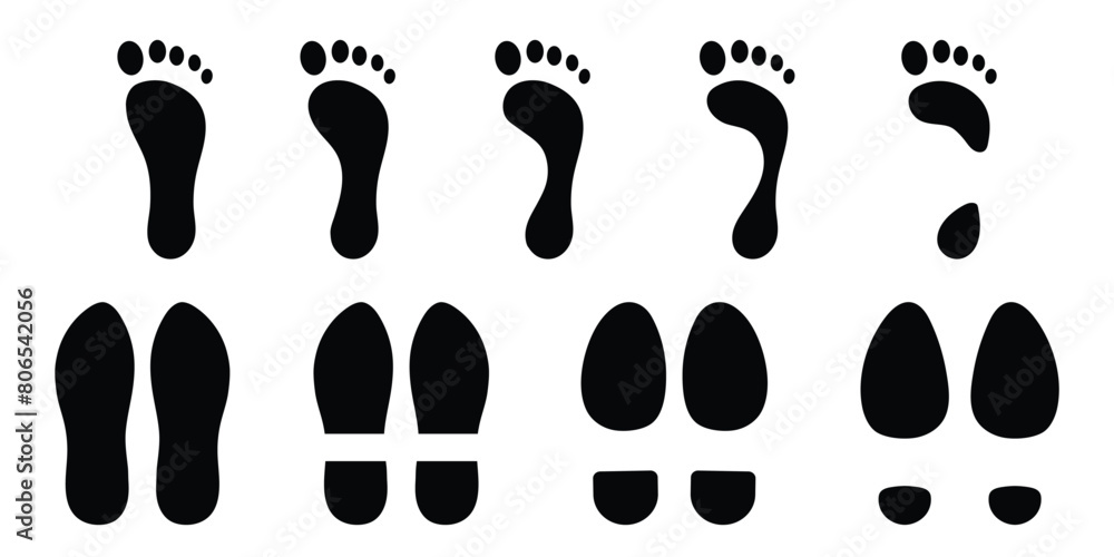 Footprints. Silhouettes of various types of human footprints. To wear ...