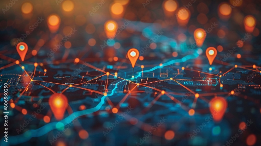 Map with Pinpoints Connected by Glowing Lines Show a world map with ...