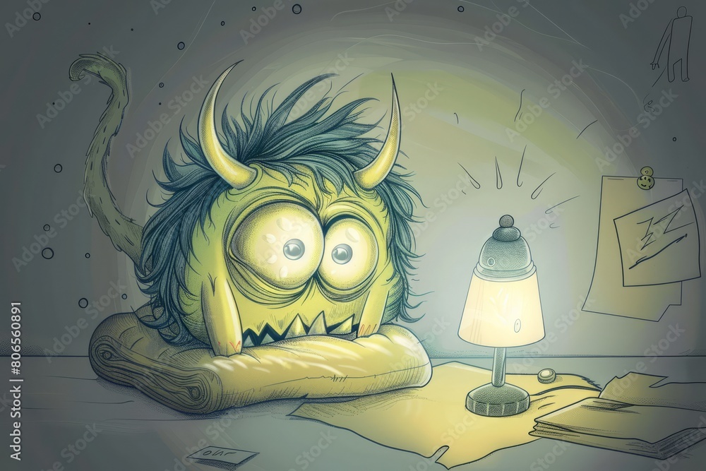 Cartoon cute doodles of a little monster who's afraid of the dark and ...