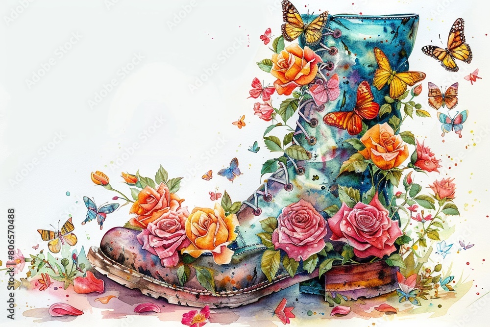 Delicate hand dr watercolor of a decorative boot overflowing with roses ...