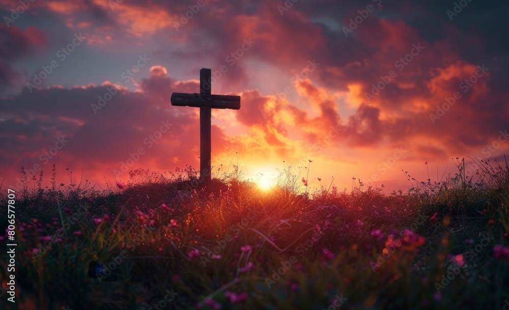 The cross on the hill with beautiful sunset sky background, Easter ...
