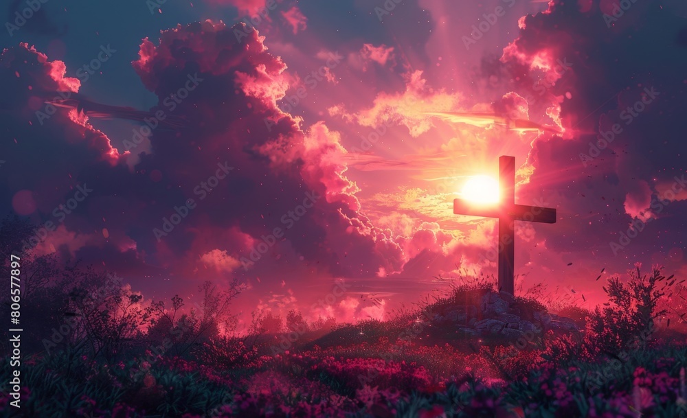 The cross on the hill with beautiful sunset sky background, Easter ...