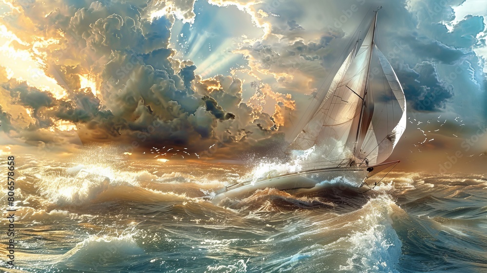 Artistic representation in the Art Nouveau style of a surreal sailing ...