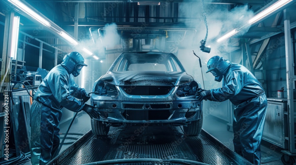 Car painter. Worker wearing a paint spraying suit in the automotive ...