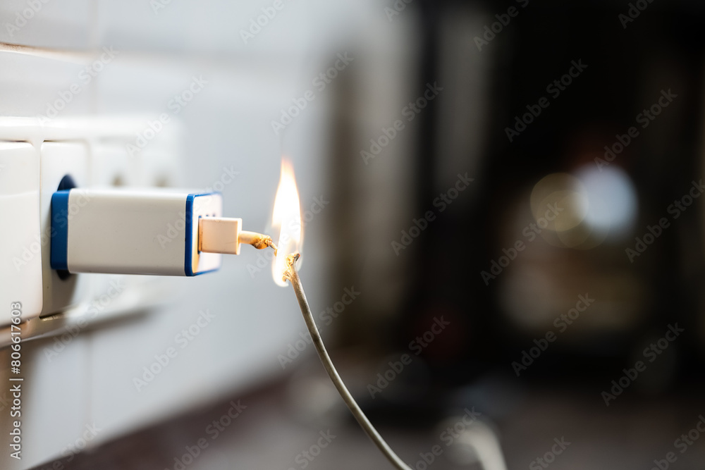 The cable plugged into the socket caught fire. Danger of using a broken ...
