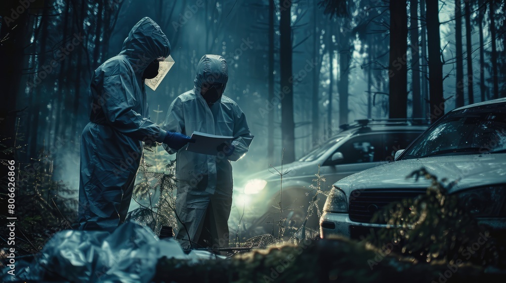 Detectives collecting evidence in a crime scene. Forensic specialists ...