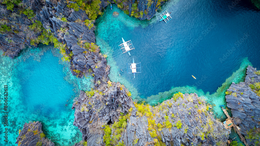 Aerail view with Coron, Palawan, Philippines of a beautiful lagoons and ...