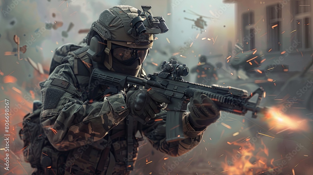 Realistic digital illustration of elite special forces soldier equipped ...