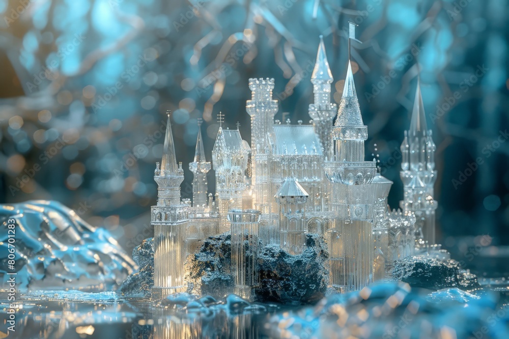 A crystal castle, the whole is made of transparent material, all parts ...