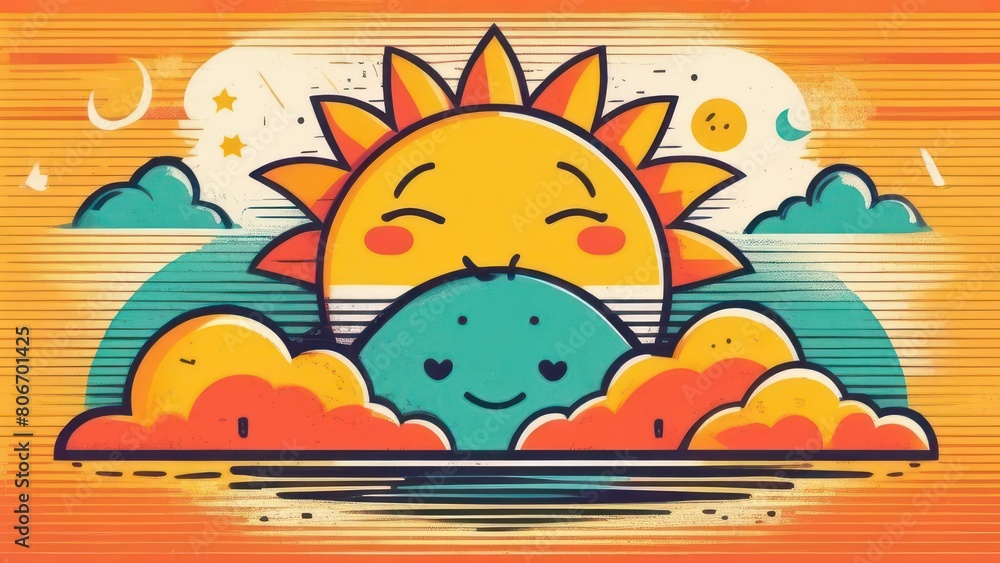 Smiling cartoon suns rising above fluffy, stylized clouds against retro ...