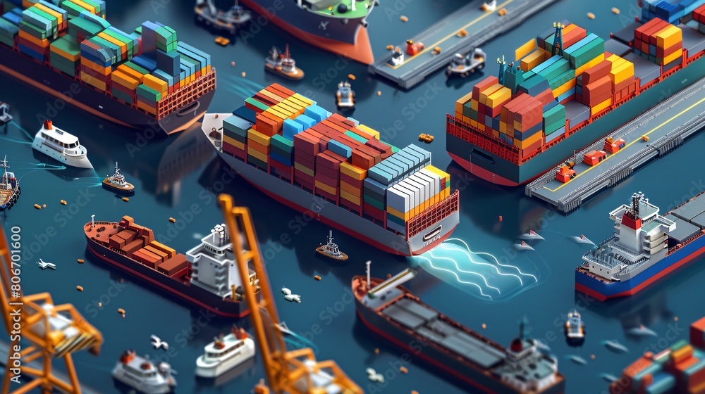 An illustration or miniature capturing the activity of cargo ships ...