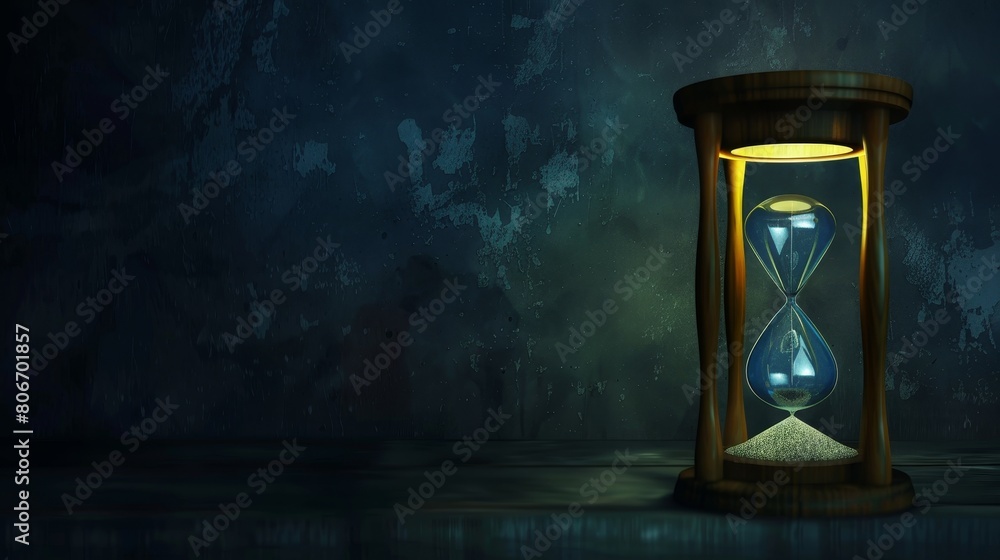 Hourglass stands on dark background, conveying urgency and the concept ...