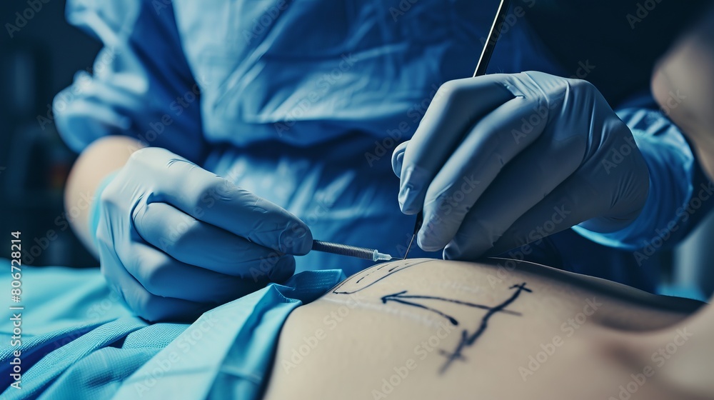 Surgeon drawing dotted lines and marks for abdominal plastic surgery in ...
