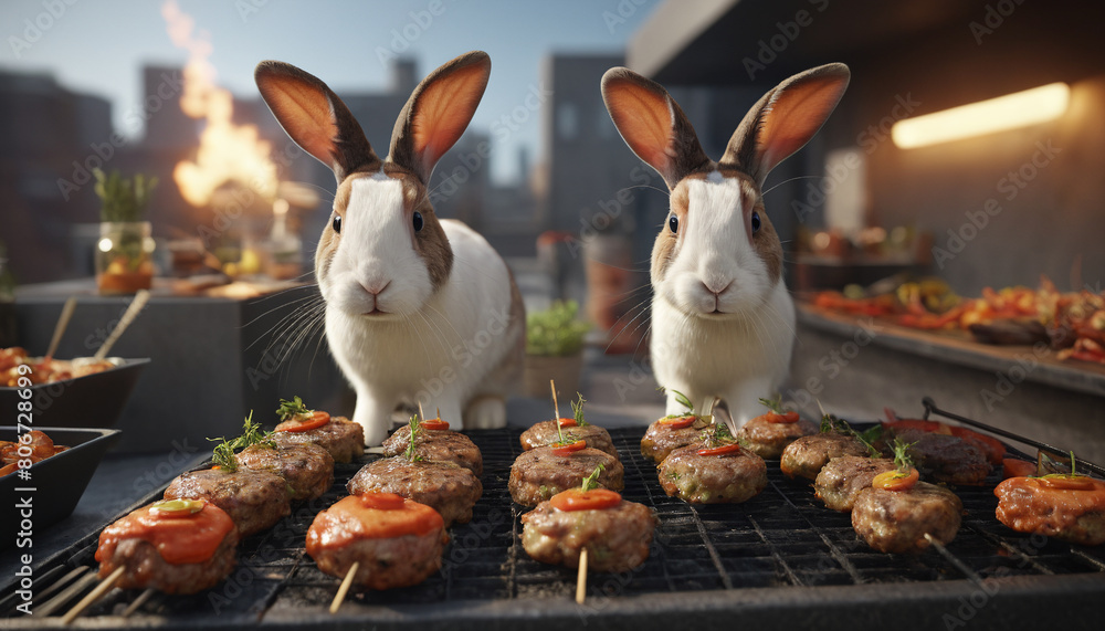 White-brown rabbit in various costumes, engaging in different ...