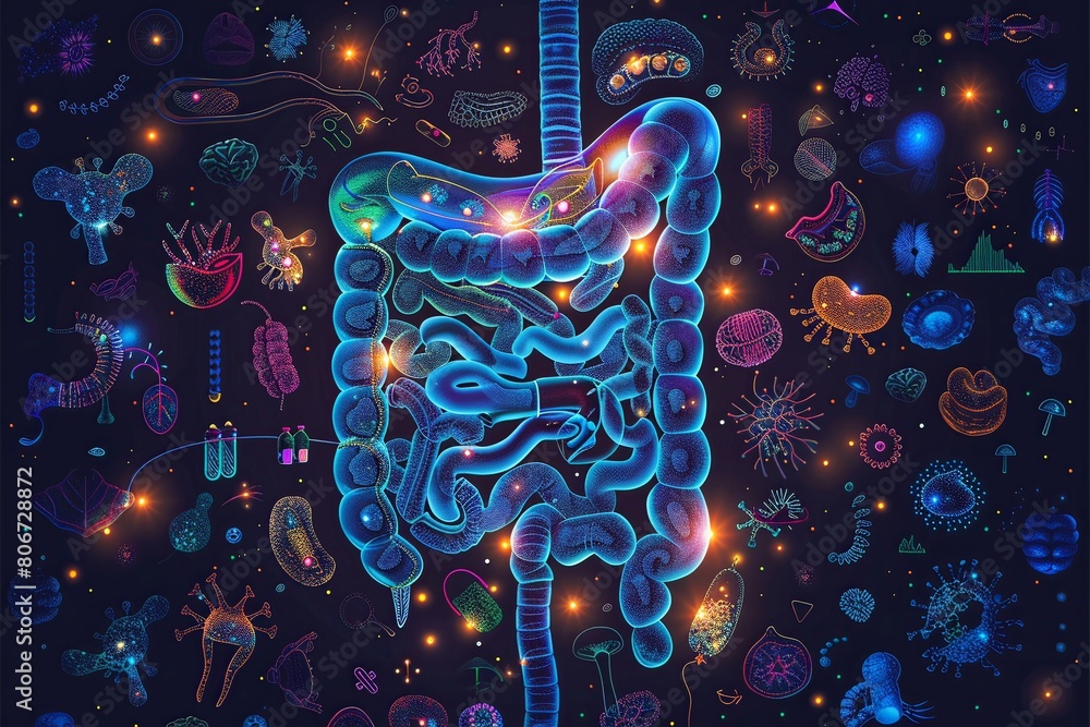 Illustration of the detox process in the large intestine with vibrant ...