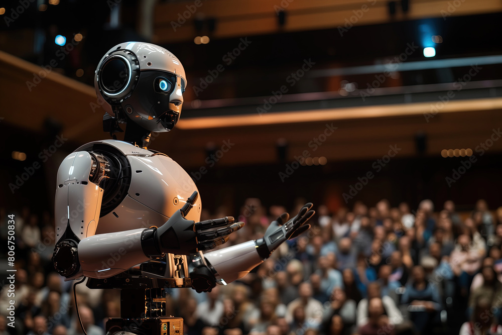 Advanced humanoid robot giving a presentation featuring hand gestures ...