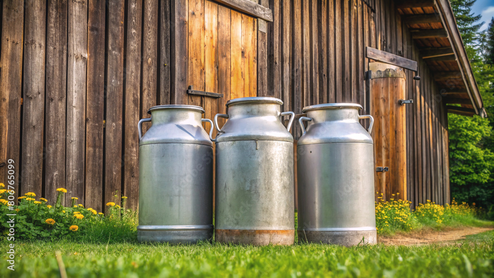 Gleaming milk cans standing proudly by a home dairy farm. The image ...