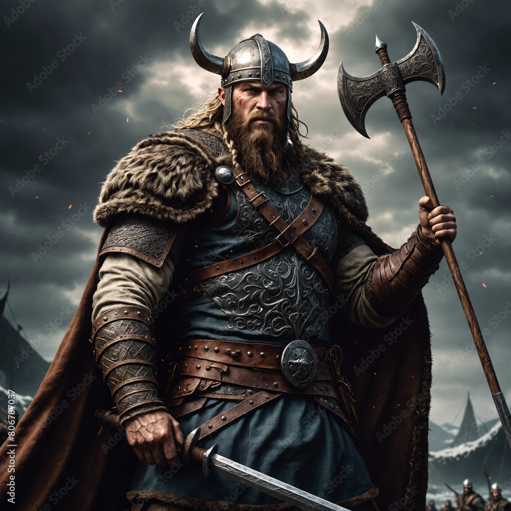 Viking pagan warrior, Norse mythology, beard, battle axe, sword, red ...