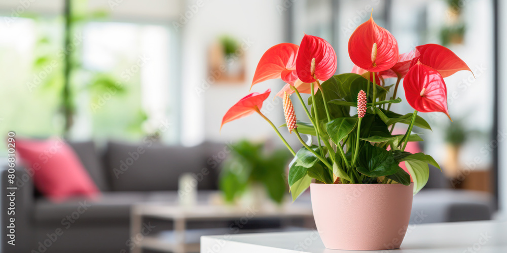 Stock-Foto „Indoor Elegance: Anthurium in Modern Home. A vibrant red ...
