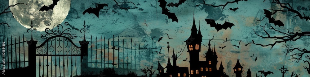 Gothic Halloween banner with a dark castle under a full moon ...