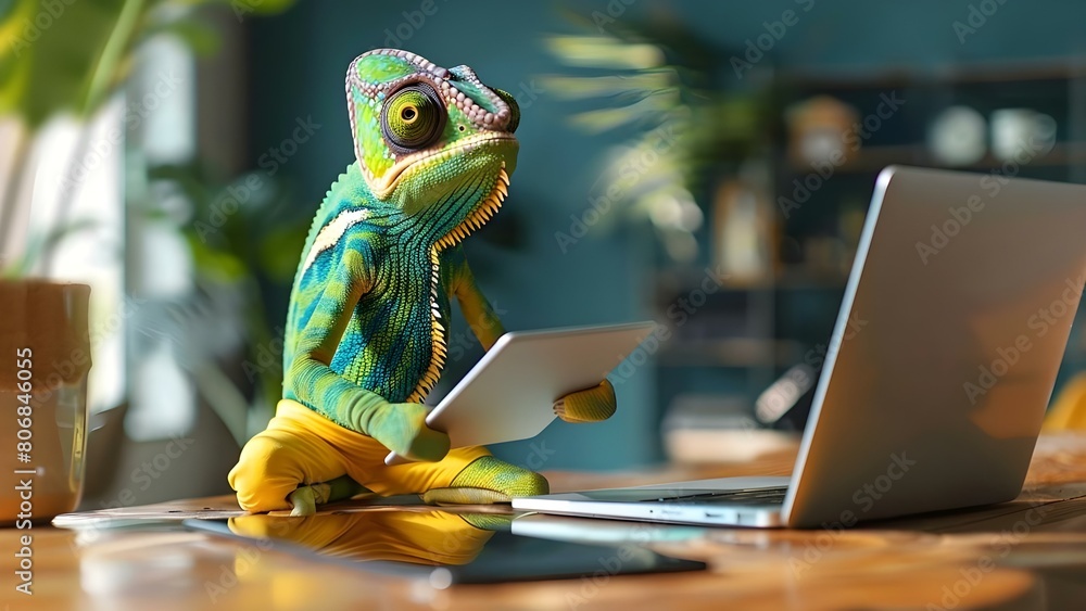 Cartoon chameleon in yellow shorts using tablet and laptop at table ...