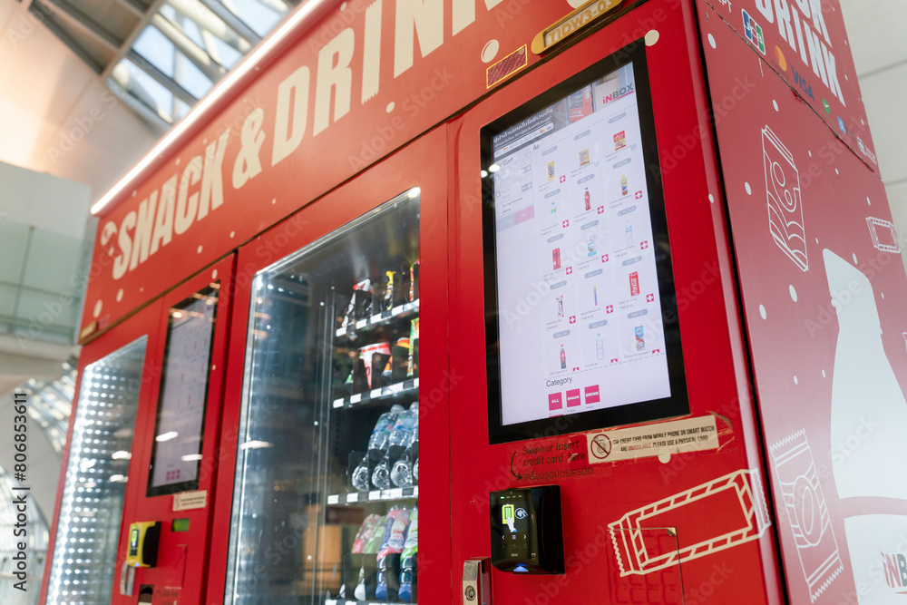 BANGKOK, THAILAND - AUGUST 28, 2023: Various snack and drink vending ...