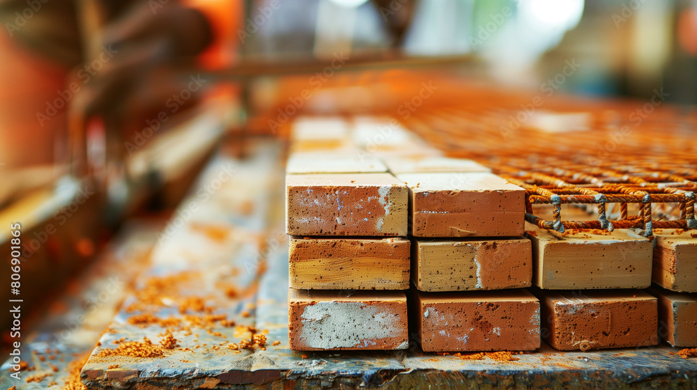 Stock-Foto „Stack of red and tan bricks neatly arranged in a ...