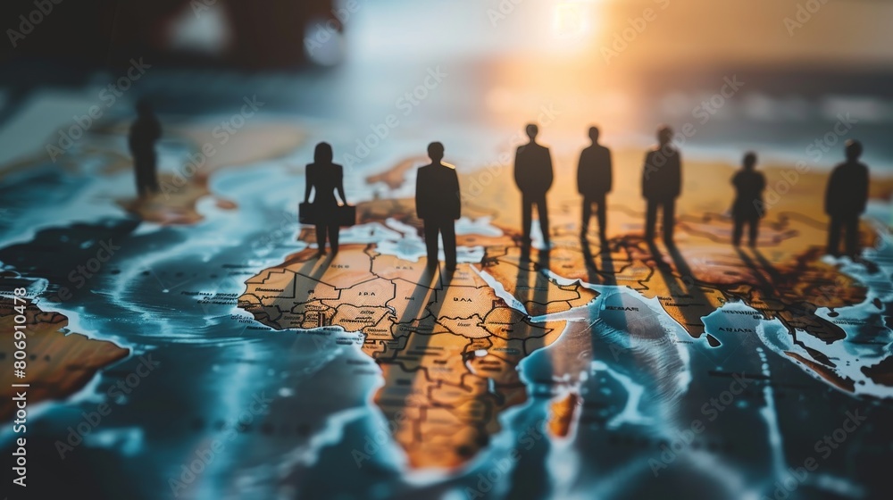 Business Concept : Silhouettes on map show complex global business ...