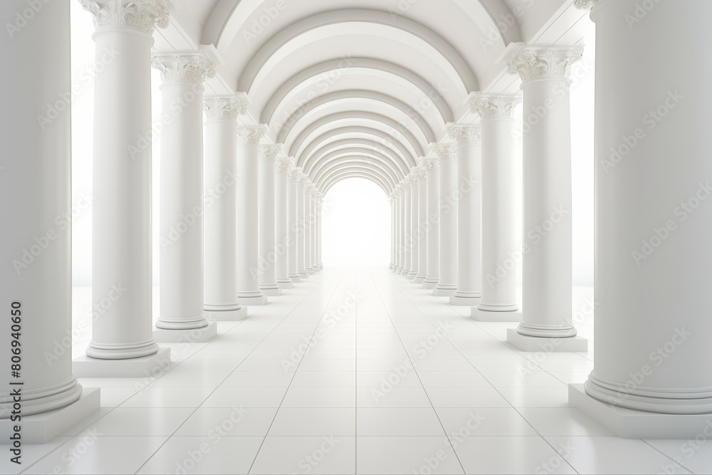 A white hallway with classical columns, minimalist design, and bright ...