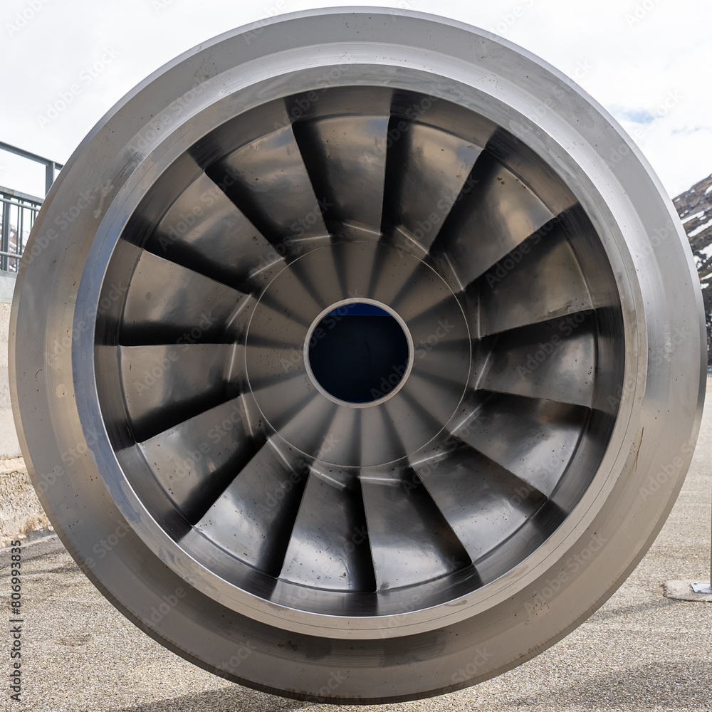 Pelton turbine. Detailed, close-up photograph of a Pelton Turbine that ...