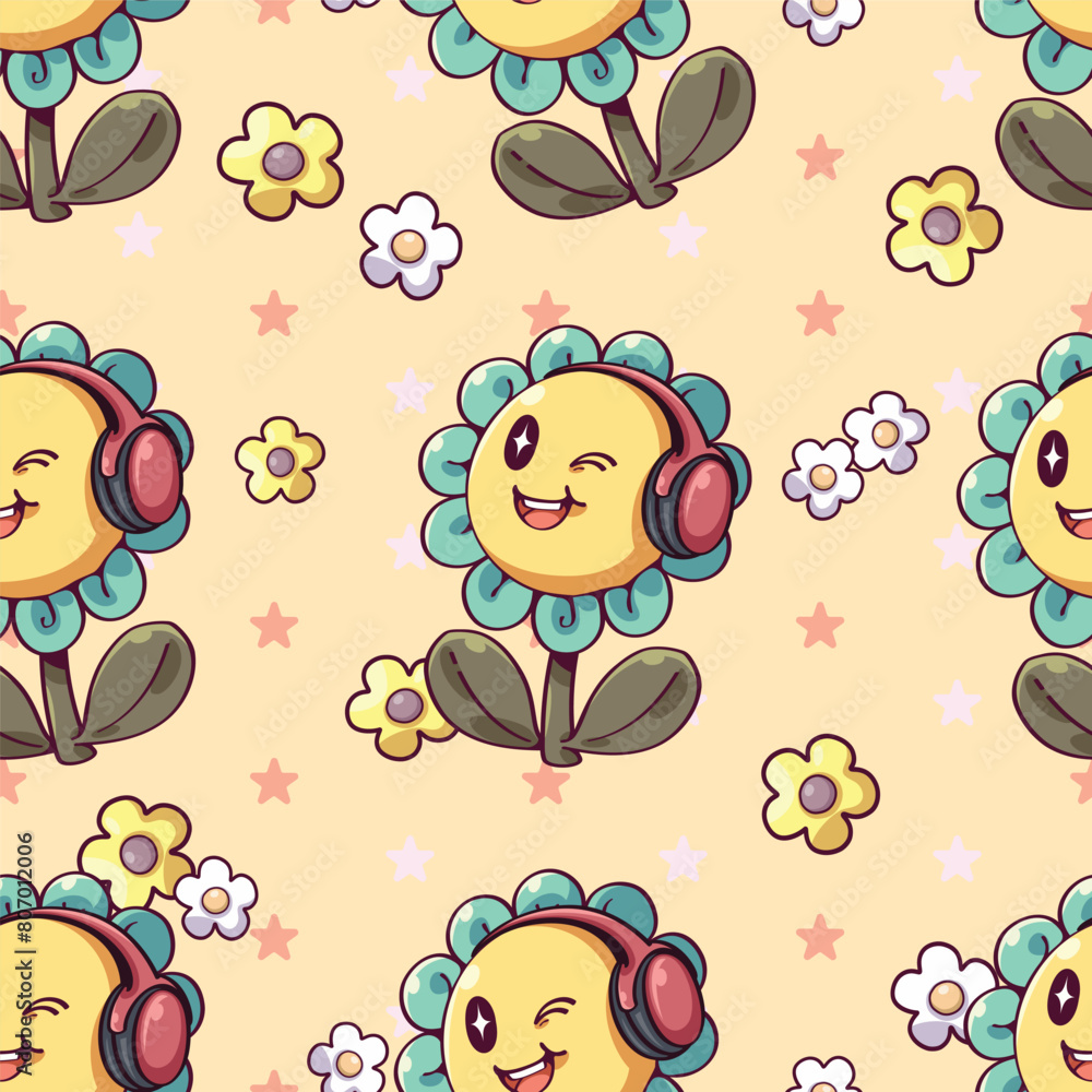 Seamless pattern of Groovy smiley face flower cartoon. Positive retro ...