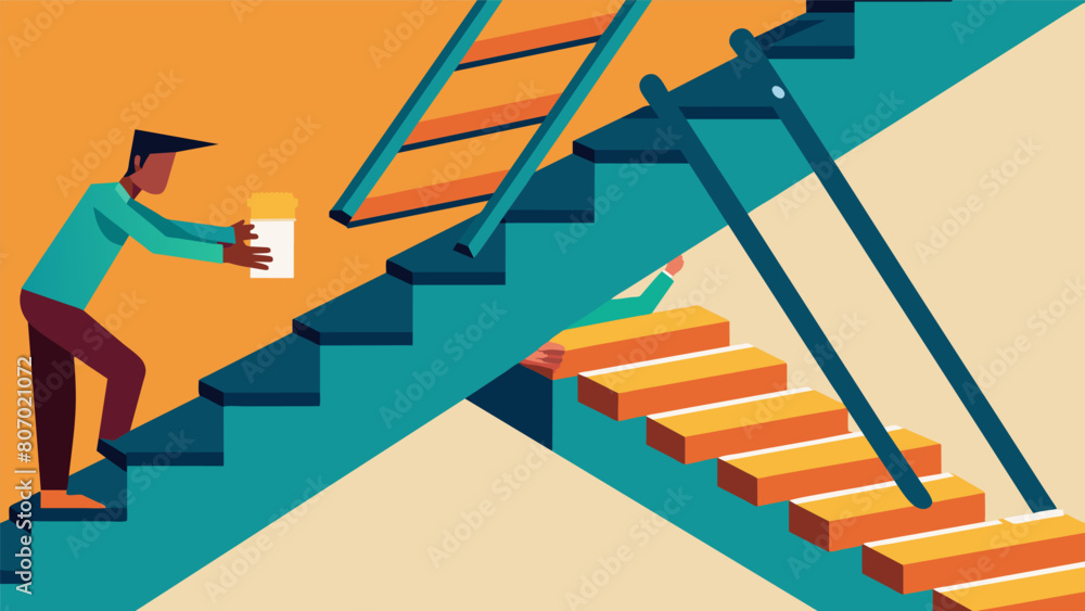 Skilled hands bolt together sections of a prefabricated staircase an ...