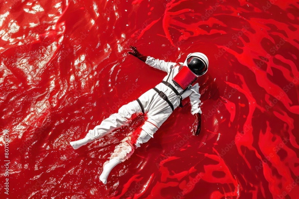 Astronaut laying in pool of blood with head submerged in water ...