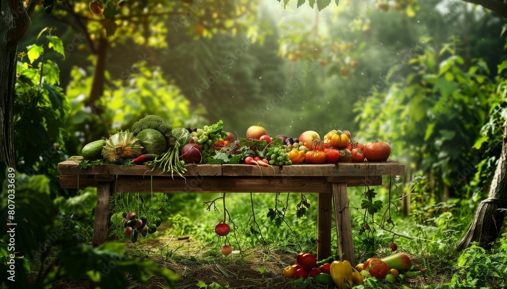 A rustic farm scene with a wooden table laden with fresh produce, set ...