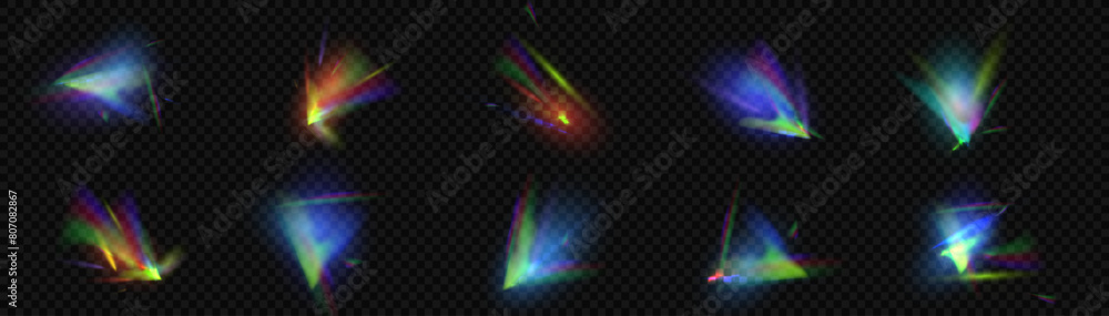Rainbow light rays, lens flare, reflection effect from crystal, glass ...